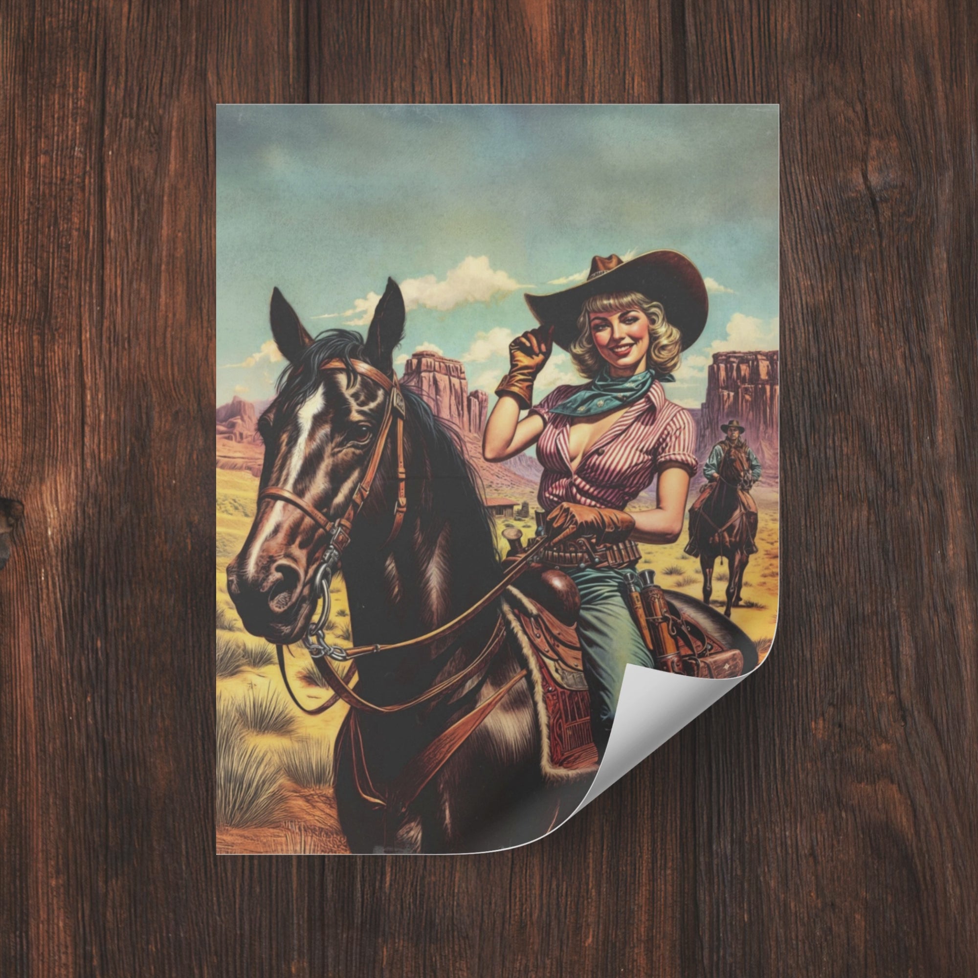 Poster - Retro Sassy Cowgirl Riding Horse - Wild Western Themed Portra – Dusky Dimensions